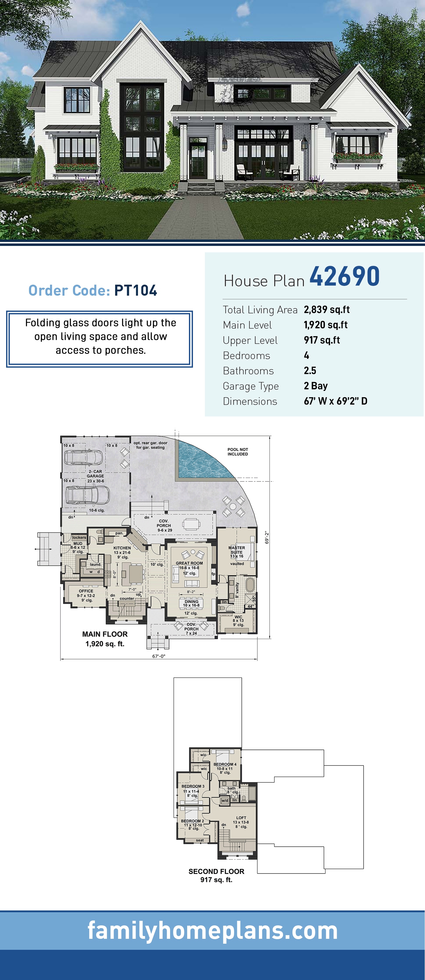 Plan 42690 | Traditional Style with 4 Bed, 3 Bath, 2 Car Garage