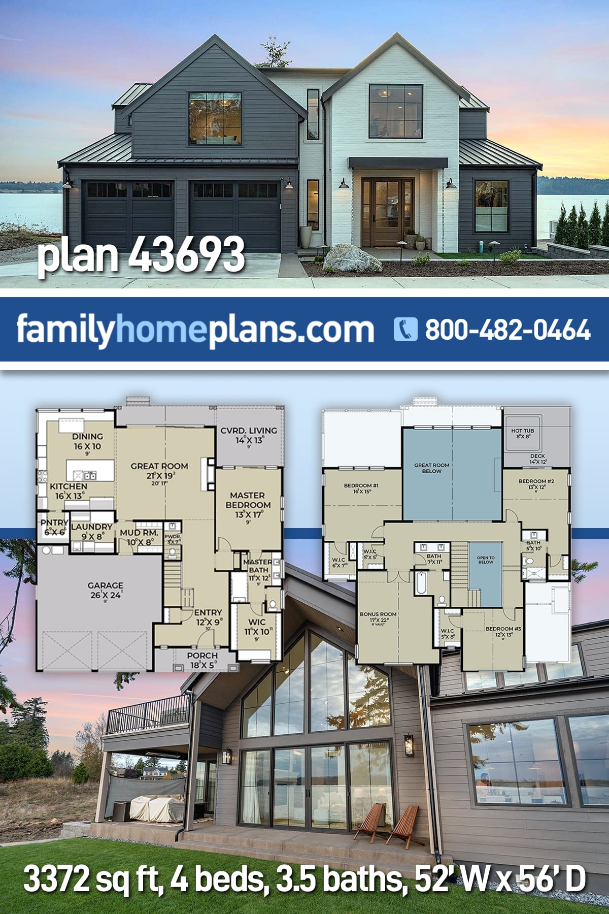 Plan 43693 | Farmhouse Style with 4 Bed, 4 Bath, 2 Car Garage