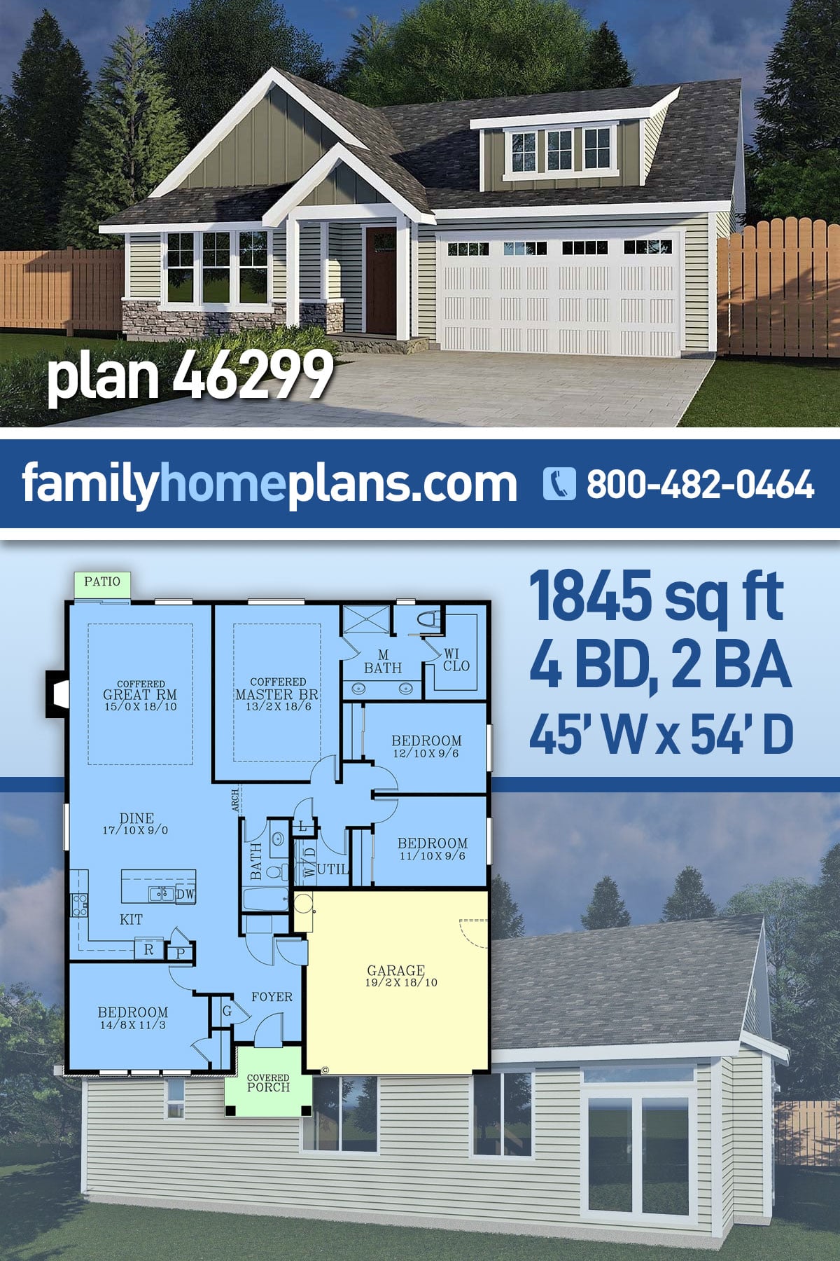 Plan 46299 | Ranch Style House Plan With 4 Bedrooms