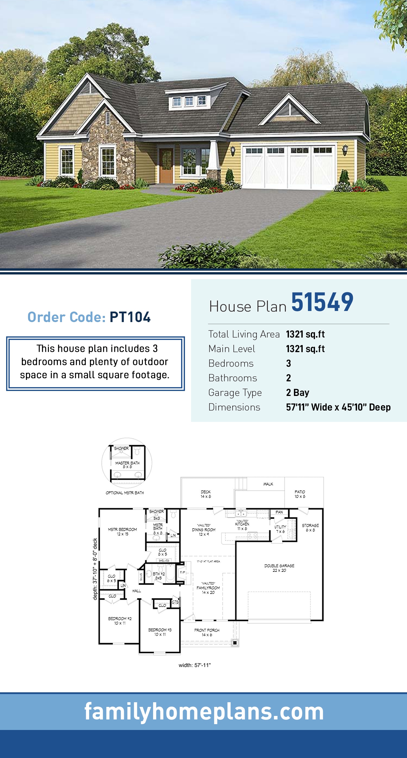 Plan 51549 | Three Bedroom Country Cottage House Plan