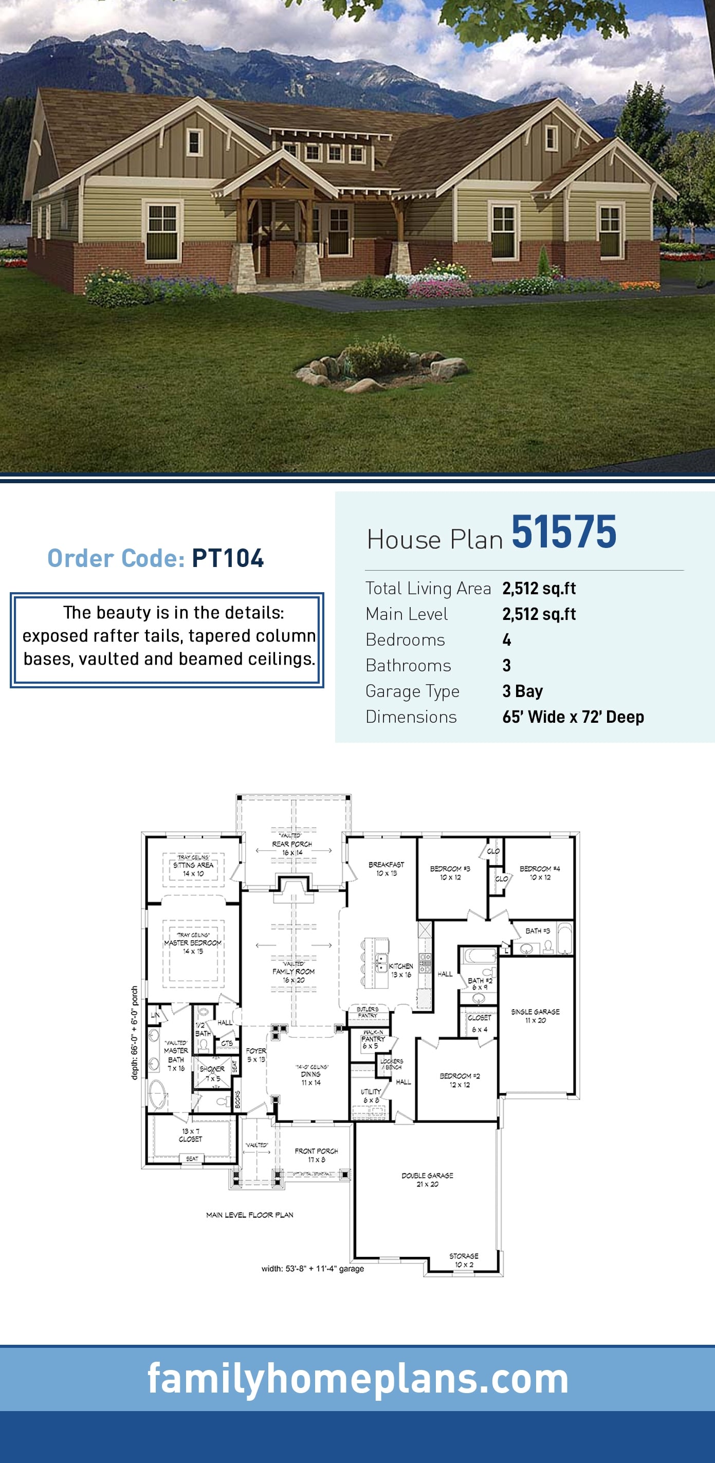 Plan 51575 | Craftsman Style with 4 Bed, 3 Bath, 3 Car Garage