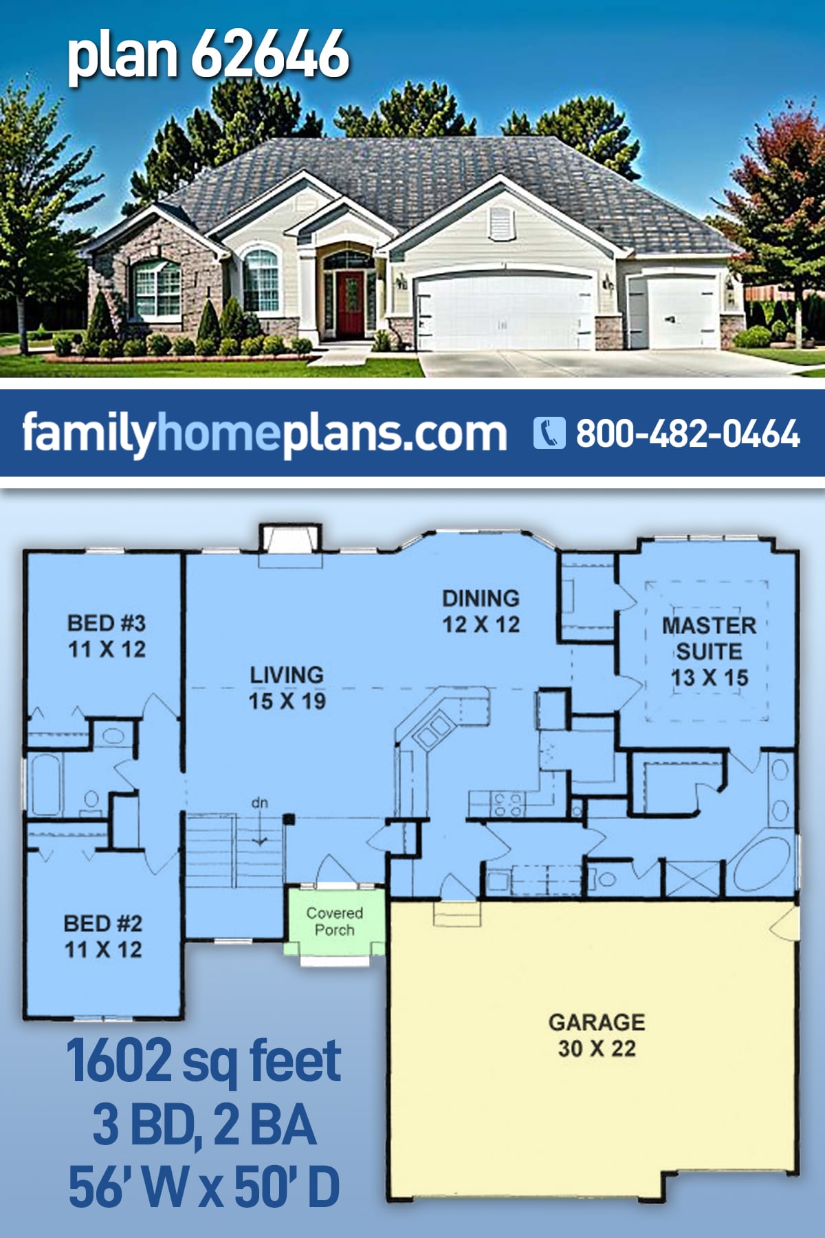 Plan 62646 | Traditional Style with 3 Bed, 2 Bath, 3 Car Garage