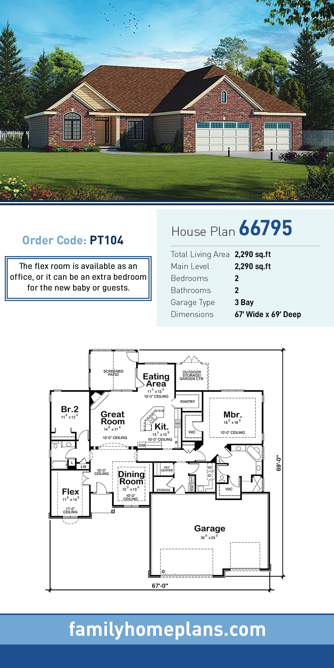 Plan 66795 | Traditional Style with 2 Bed, 2 Bath, 3 Car Garage