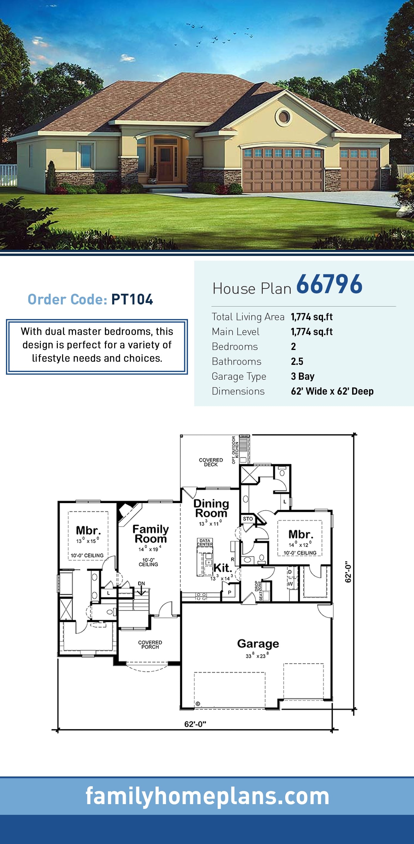 Plan 66796 | Two Master Suites and an Open Home Floor Plan