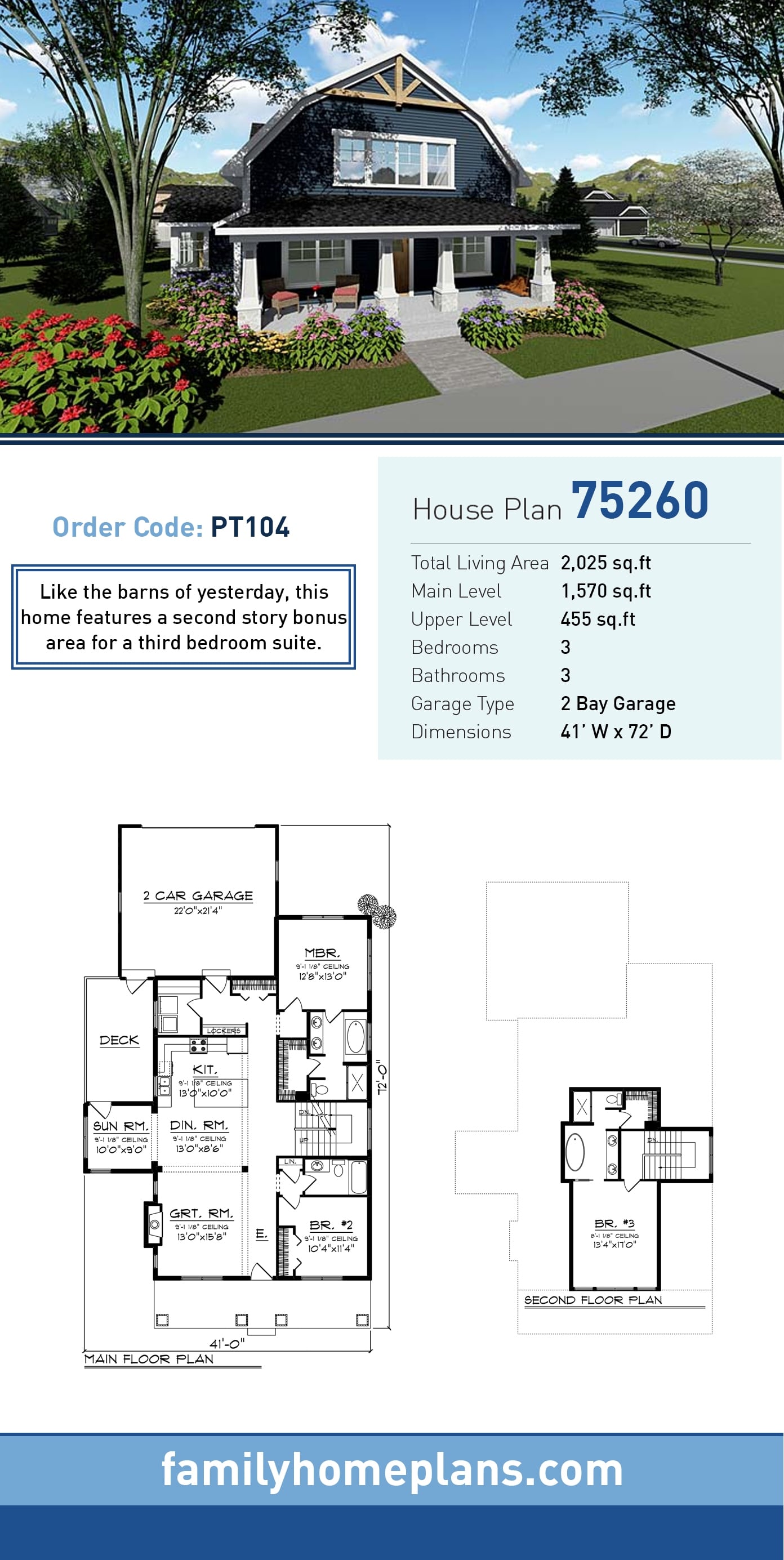 Plan 75260 | Southern Style with 3 Bed, 3 Bath, 2 Car Garage