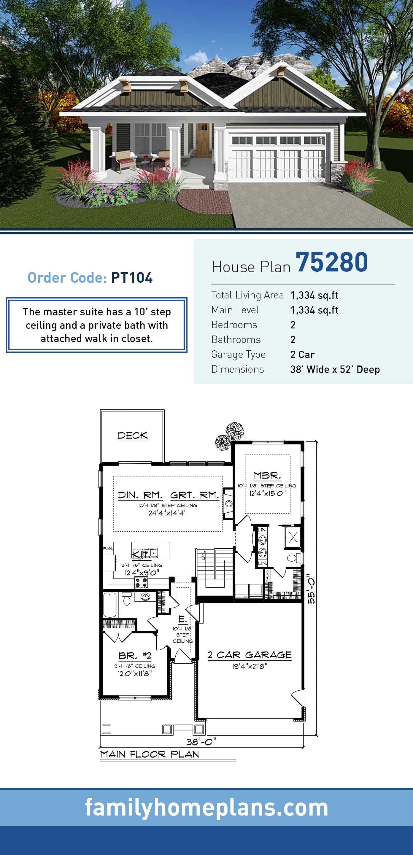 Plan 75280 | Southern Style with 2 Bed, 2 Bath, 2 Car Garage