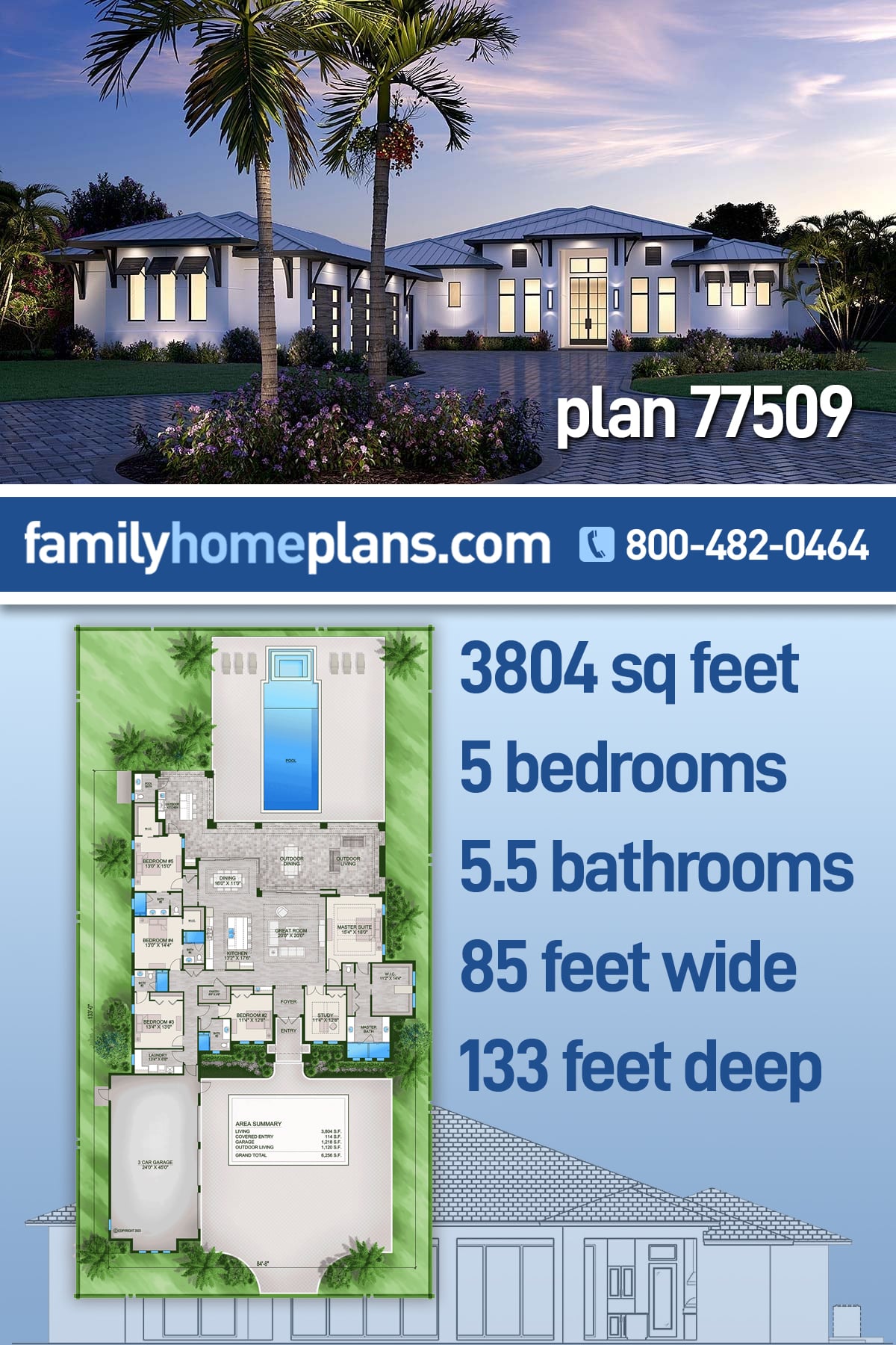 Plan 77509 | Florida Style with 5 Bed, 6 Bath, 3 Car Garage