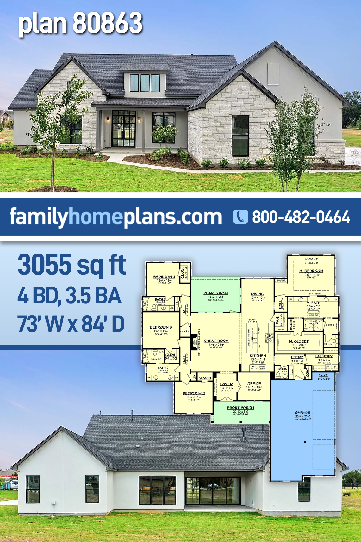 Plan 80863 | Transitional Farmhouse Plan 80863 with 3055 Sq Ft, 4