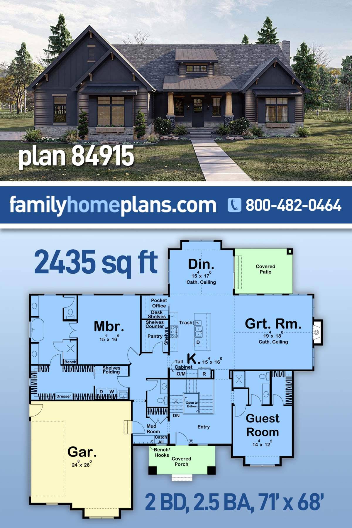 Plan 84915 | Craftsman Style with 2 Bed, 2.5 Bath, 2 Car Garage