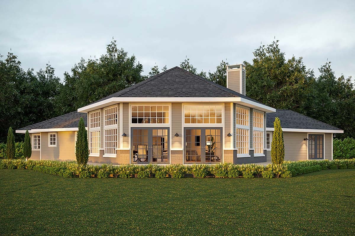 Plan 43784 | Contemporary Ranch-style Hexagonal Home Design