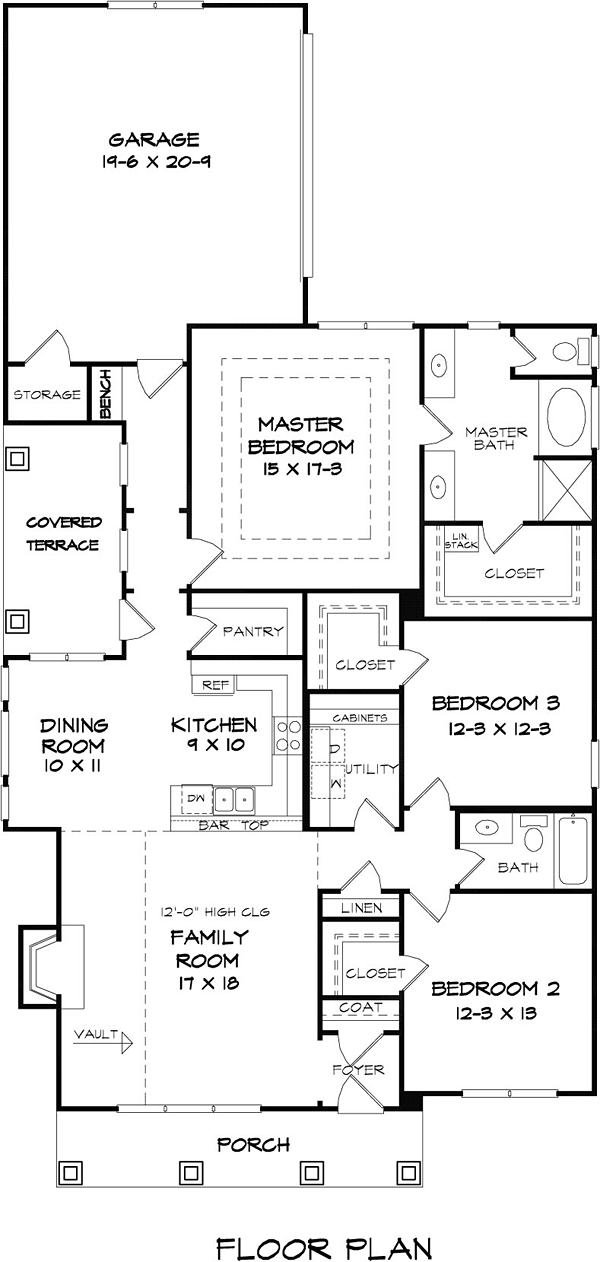 Plan 60008 | Traditional Style with 3 Bed, 2 Bath, 2 Car Garage