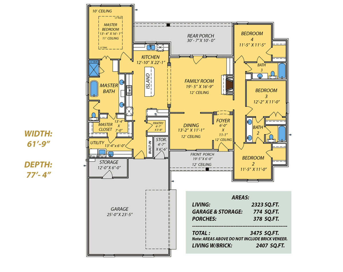 Plan 74661 | Traditional Style with 4 Bed, 3 Bath, 2 Car Garage