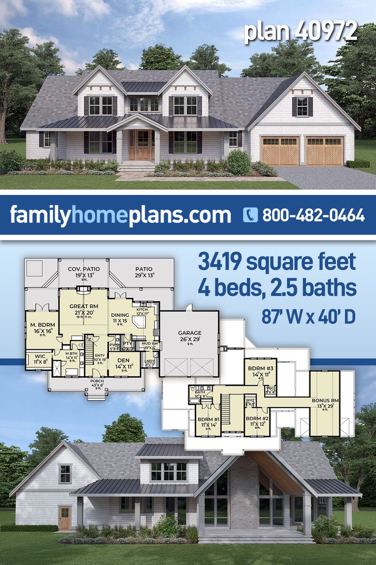 Plan 40972 | Farmhouse Style with 4 Bed, 3 Bath, 2 Car Garage