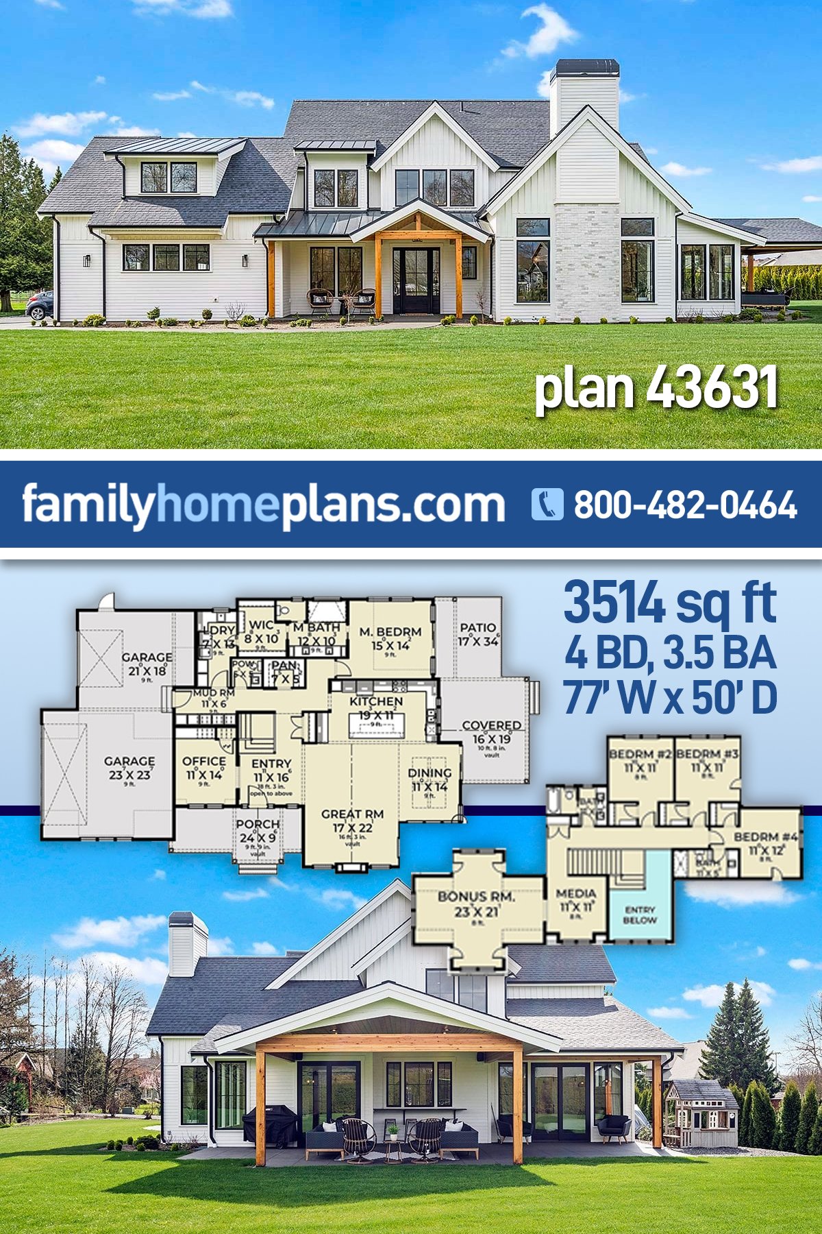 Plan 43631 | Farmhouse Style with 4 Bed, 4 Bath, 3 Car Garage