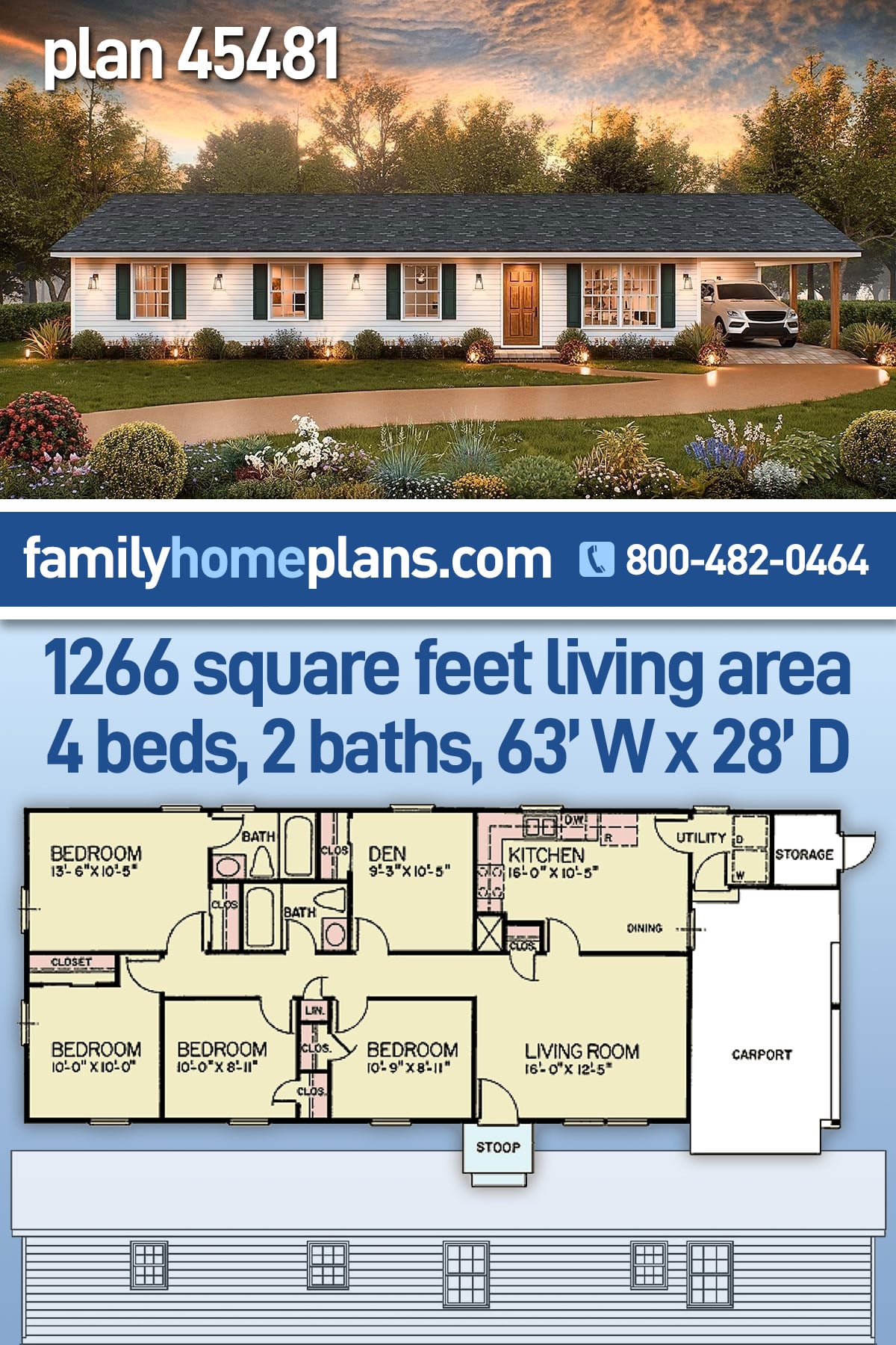 Plan 45481 | Rectangle Ranch House Plan