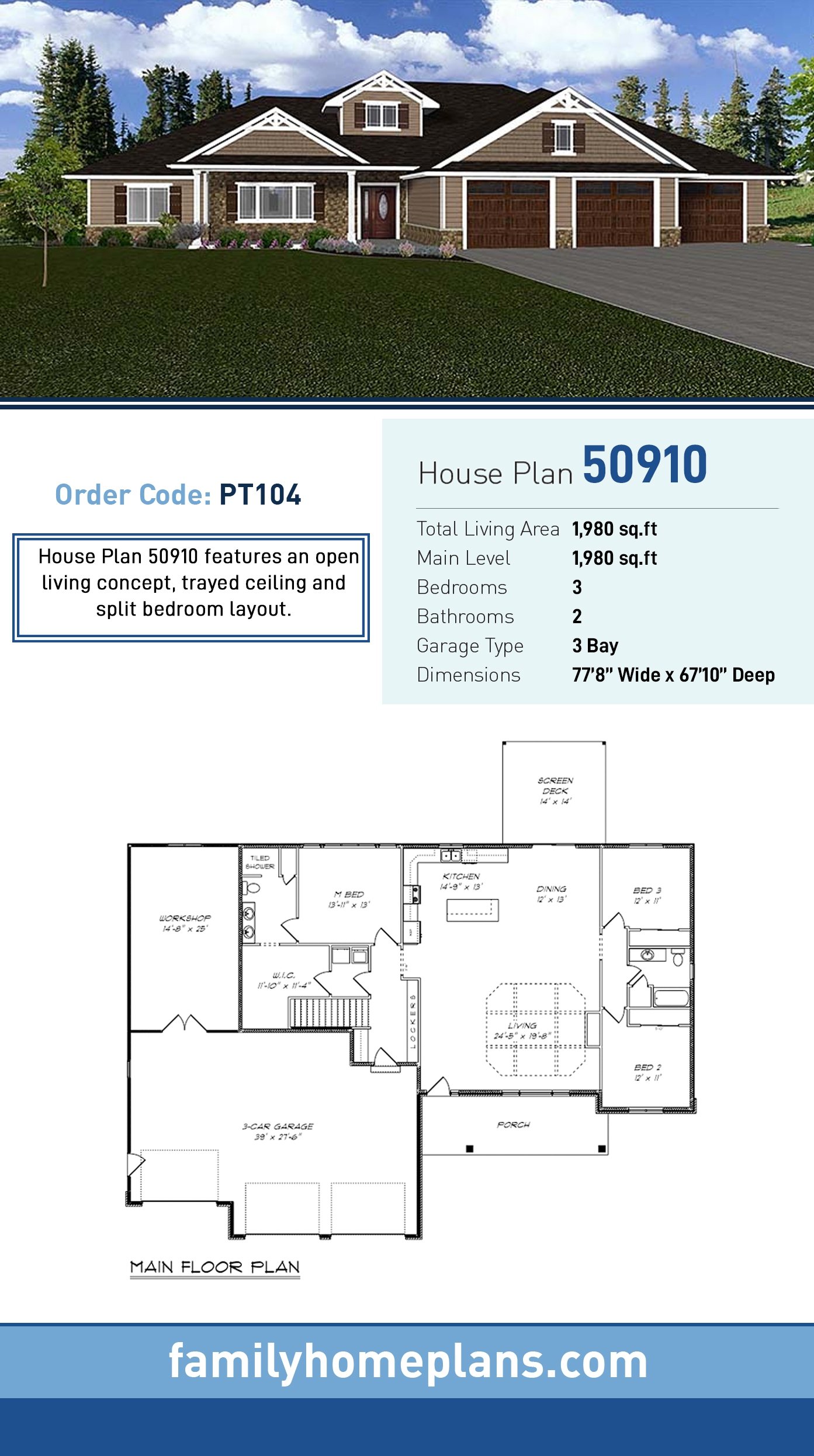 Plan 50910 | Traditional Style with 3 Bed, 2 Bath, 3 Car Garage