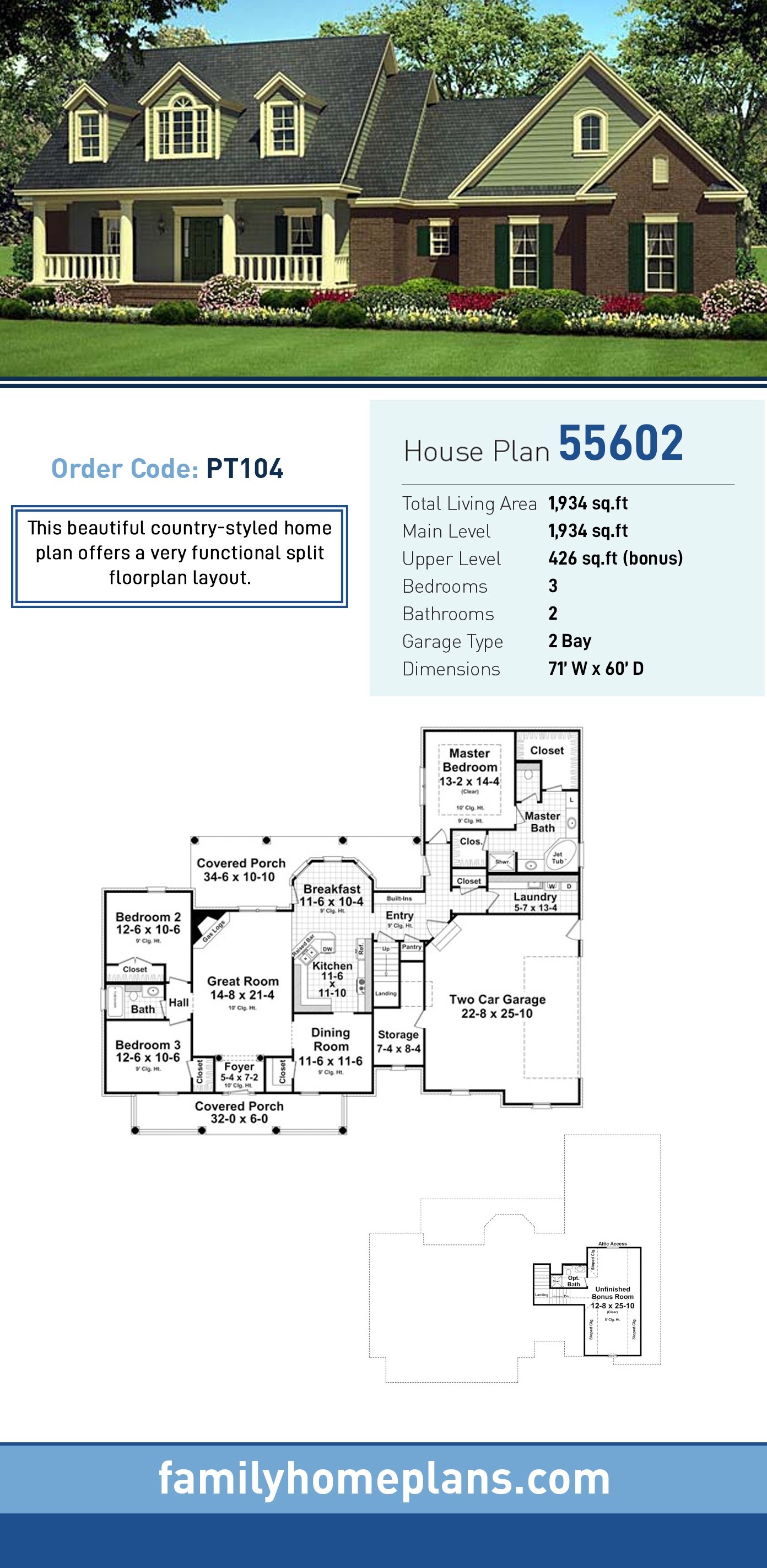 Plan 55602 | Country Styled Home Plans with Split Floorplan
