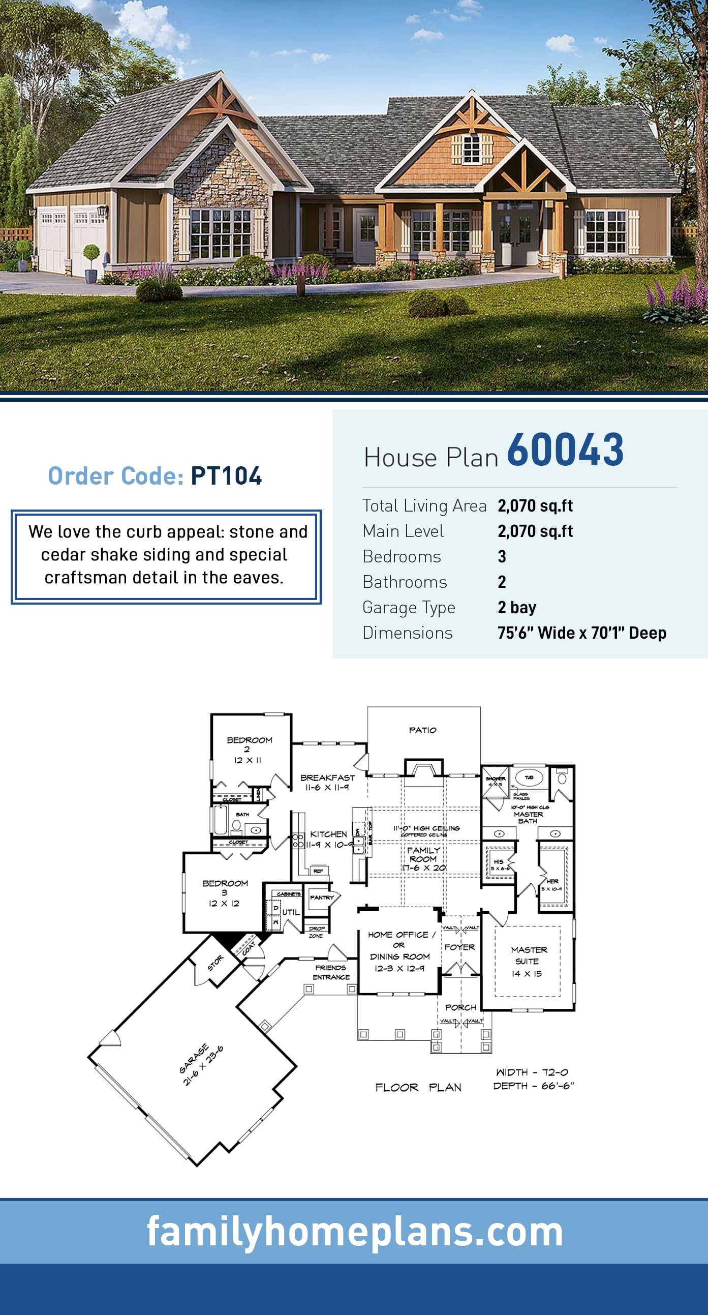 Plan 60043 | Craftsman Style with 3 Bed, 2 Bath, 2 Car Garage