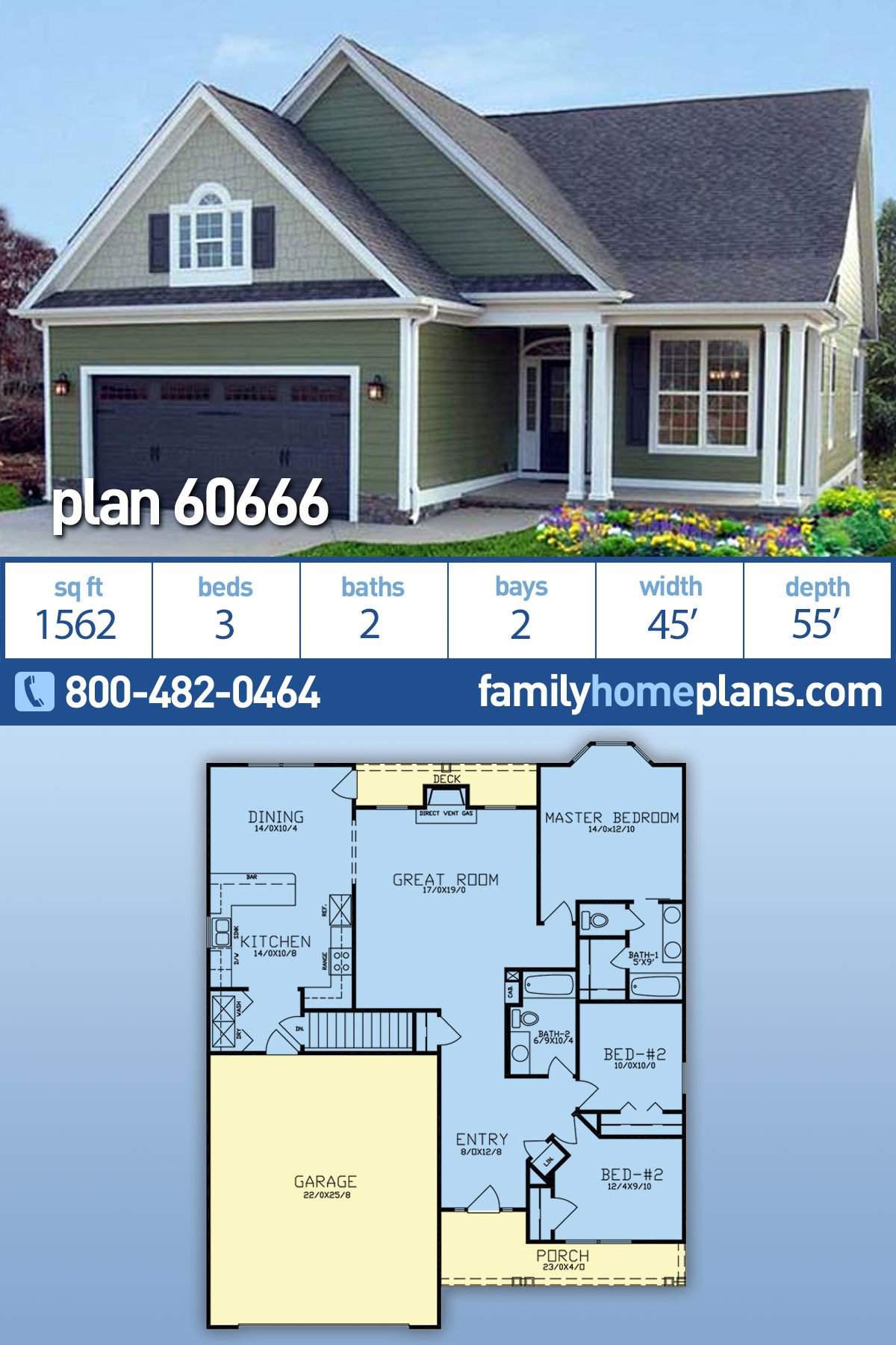 Plan 60666 | Traditional Style with 3 Bed, 2 Bath, 2 Car Garage