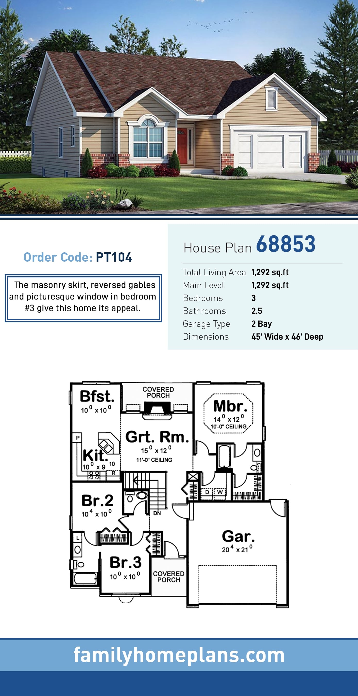 Plan 68853 | Ranch Style with 3 Bed, 3 Bath, 2 Car Garage