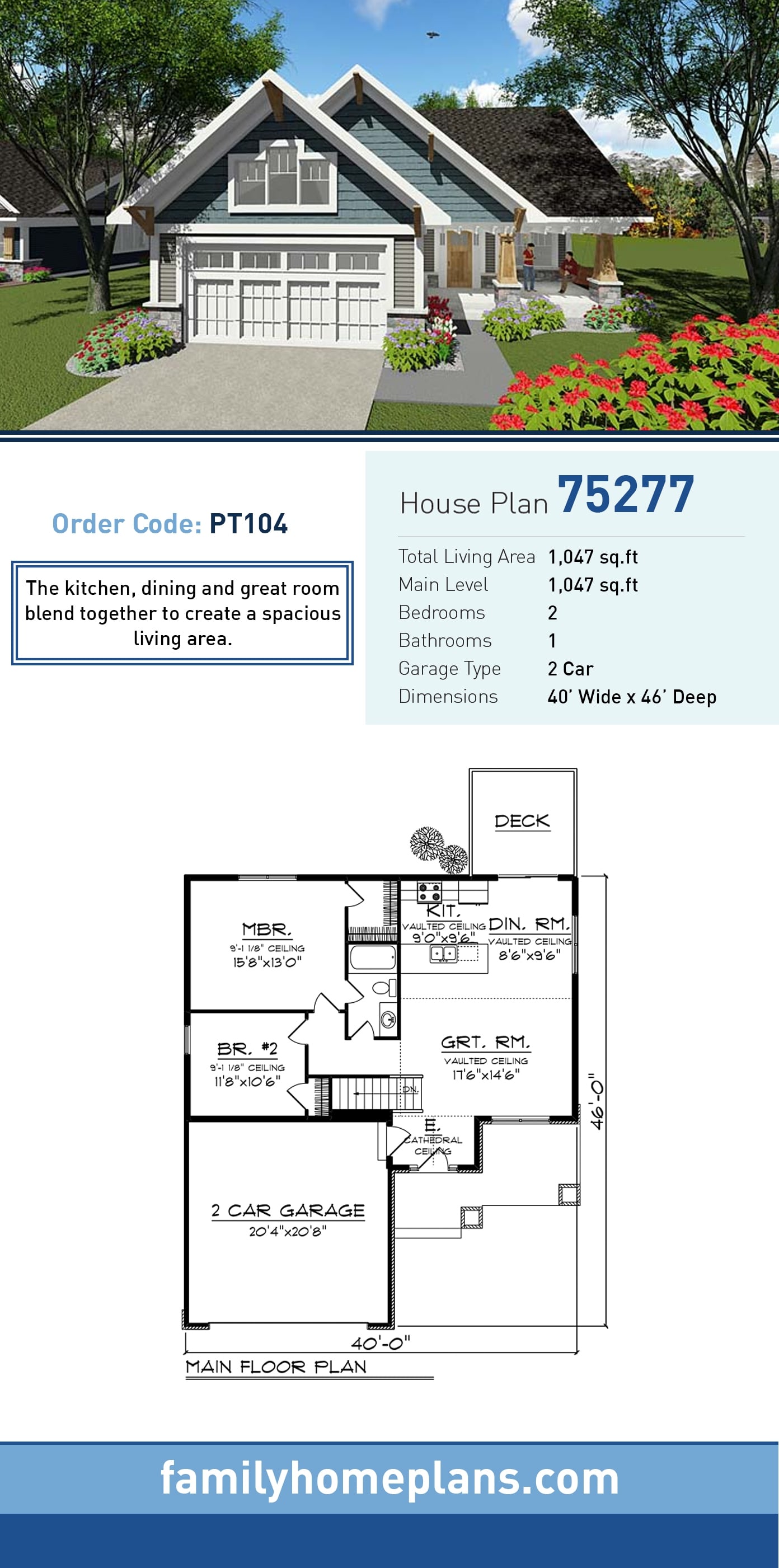 Plan 75277 | Traditional Style with 2 Bed, 1 Bath, 2 Car Garage