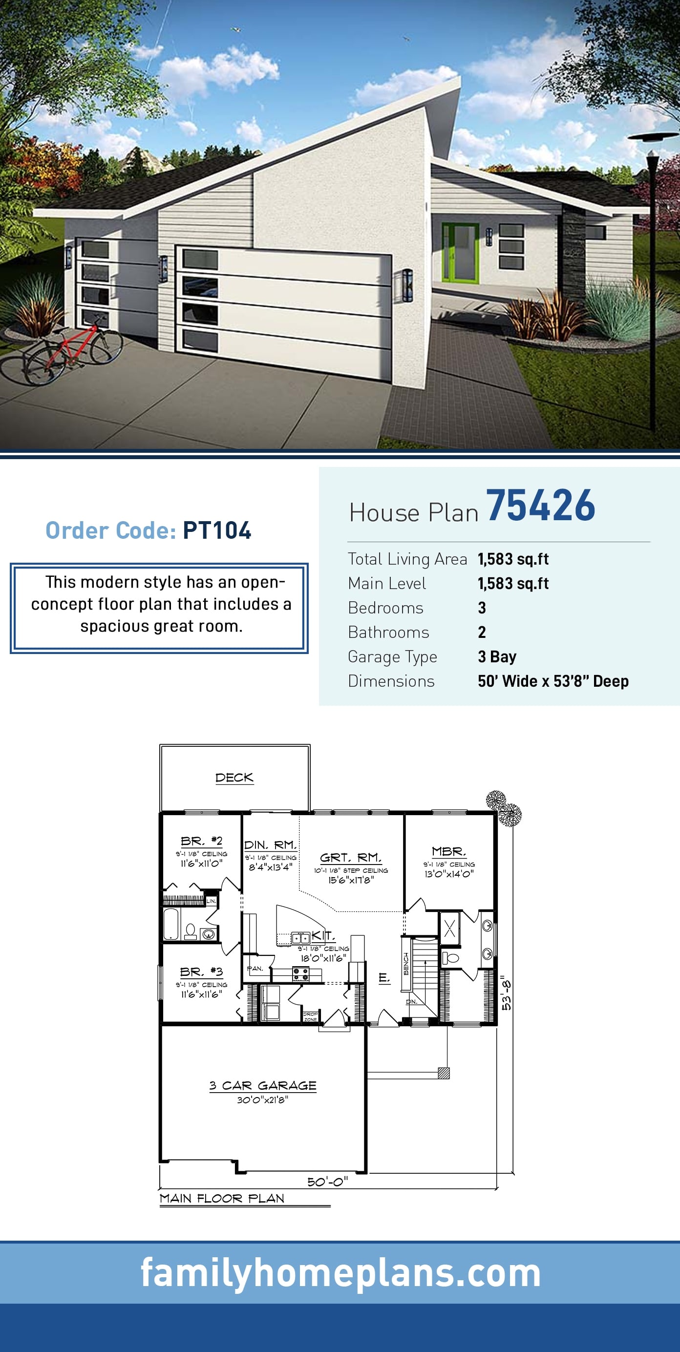 Plan 75426 | Ranch Style with 3 Bed, 2 Bath, 3 Car Garage