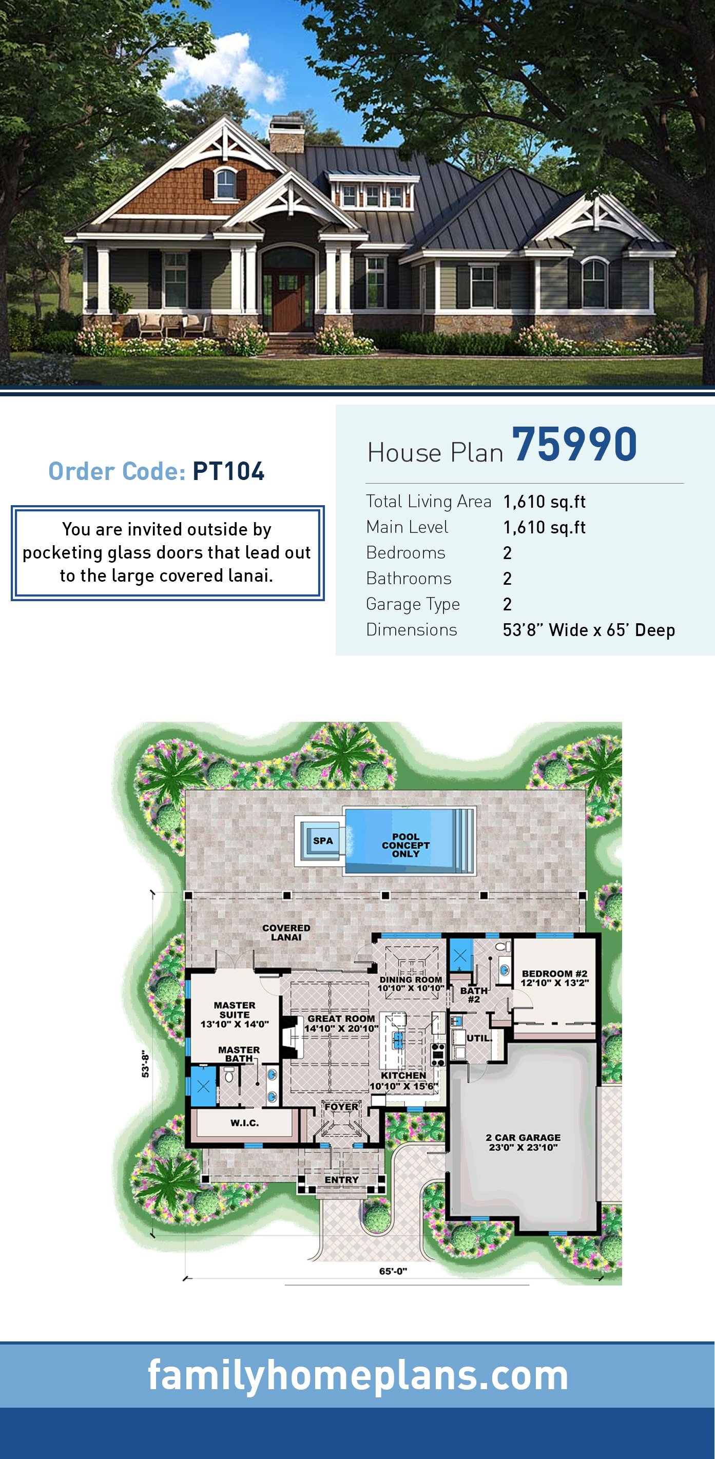 Plan 75990 | Southern Style with 2 Bed, 2 Bath, 2 Car Garage