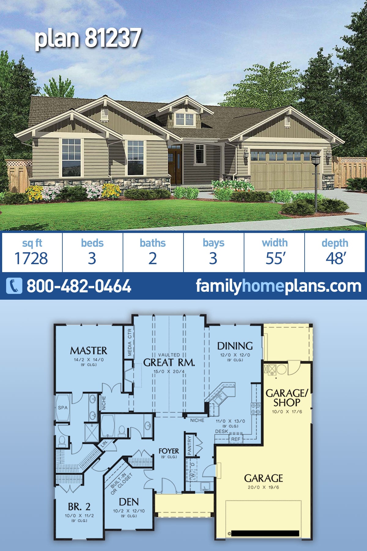 Plan 81237 | Traditional House Plan with Craftsman Details is a Three ...