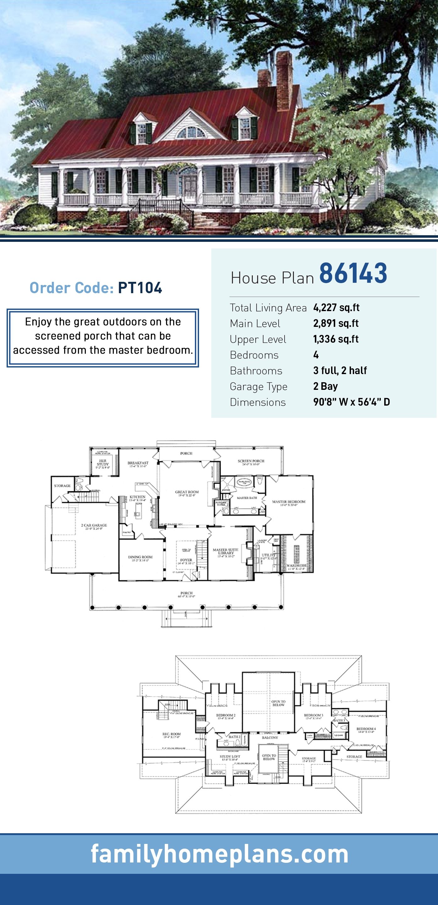 Plan 86143 | Southern Style with 4 Bed, 5 Bath, 2 Car Garage