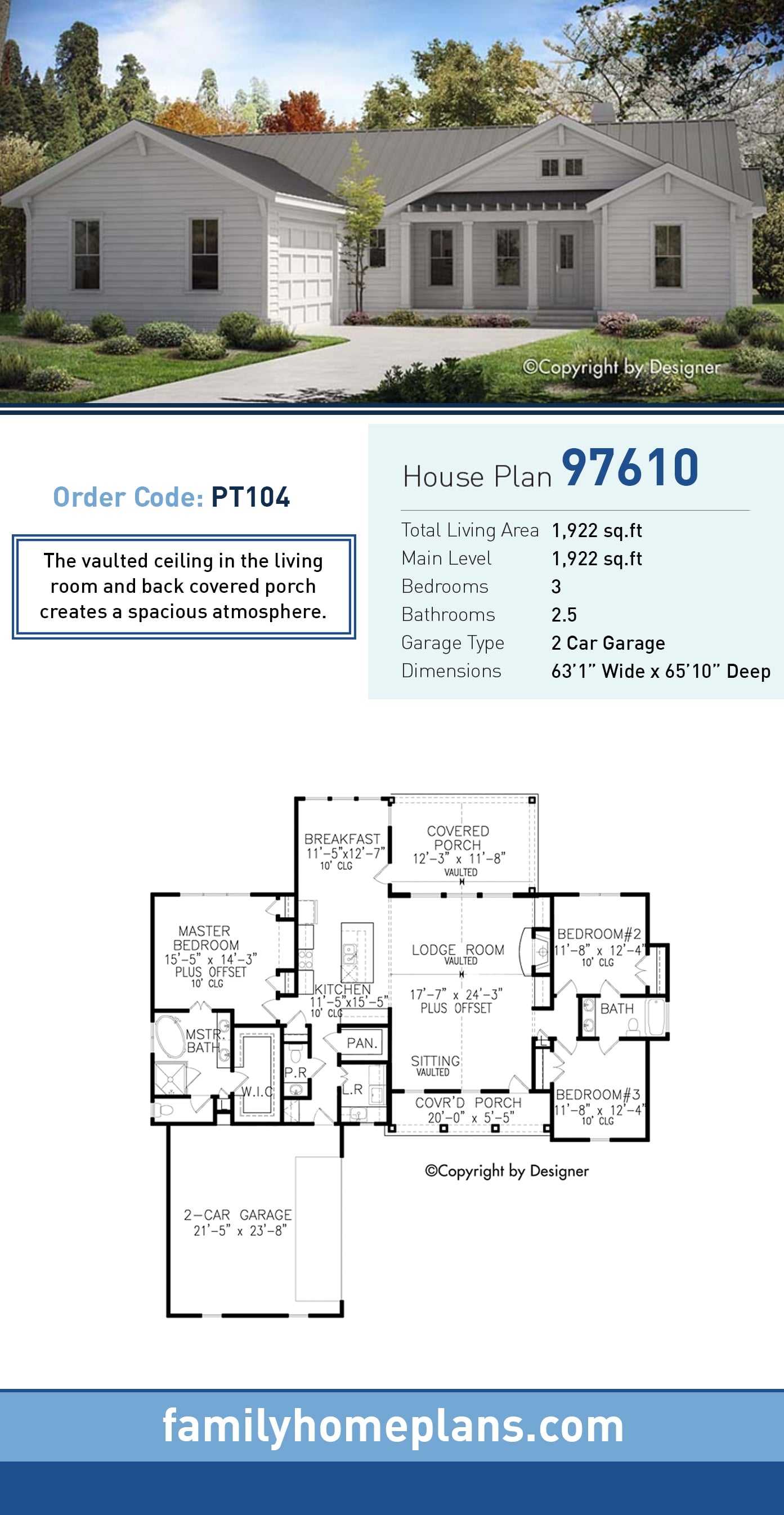 Plan 97610 | Traditional Style with 3 Bed, 3 Bath, 2 Car Garage