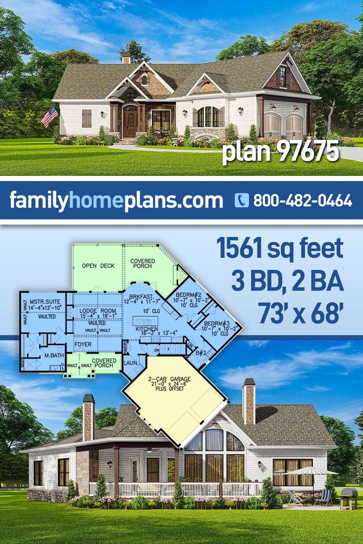 Plan 97675 | Ranch Style with 3 Bed, 2 Bath, 2 Car Garage