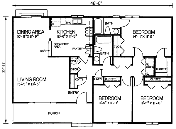 Plan 45227 | Ranch Style with 3 Bed, 2 Bath