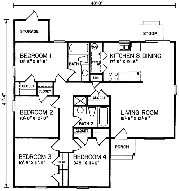 Traditional Style with 4 Bed, 2 Bath - Plan 45496