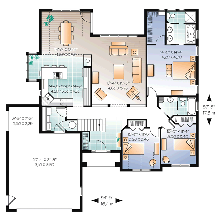 Plan 64986 | Mediterranean Style with 3 Bed, 2 Bath, 2 Car Garage