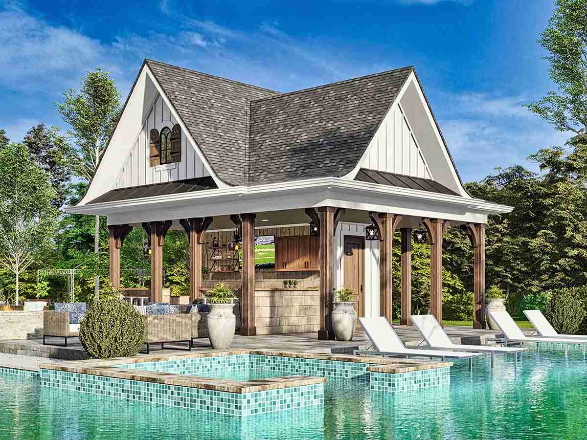 Plan 81652 | Beautiful Pool House Cabana Plan with Storage, Bar a