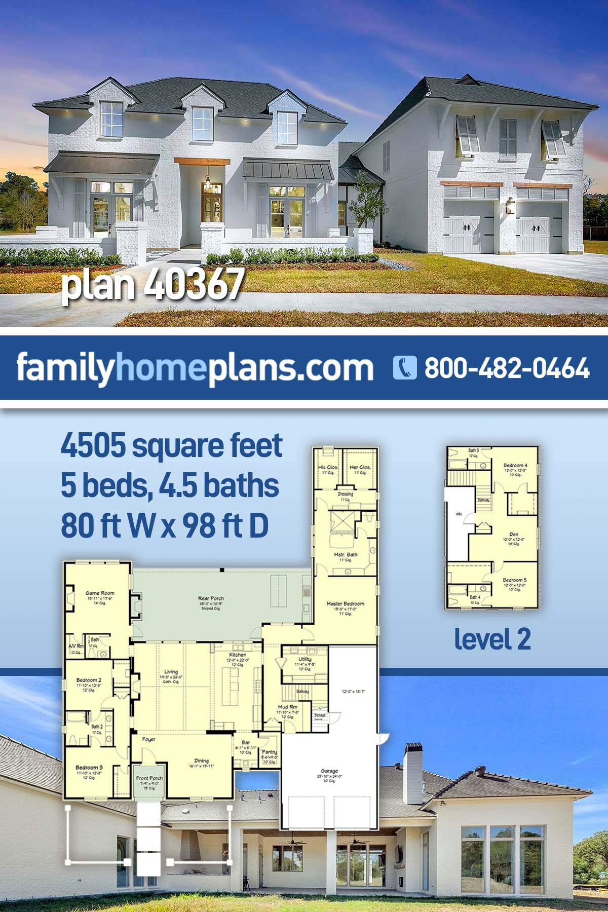 Plan 40367 | Coastal, European House with 5 Bed, 5 Bath, 3 Car