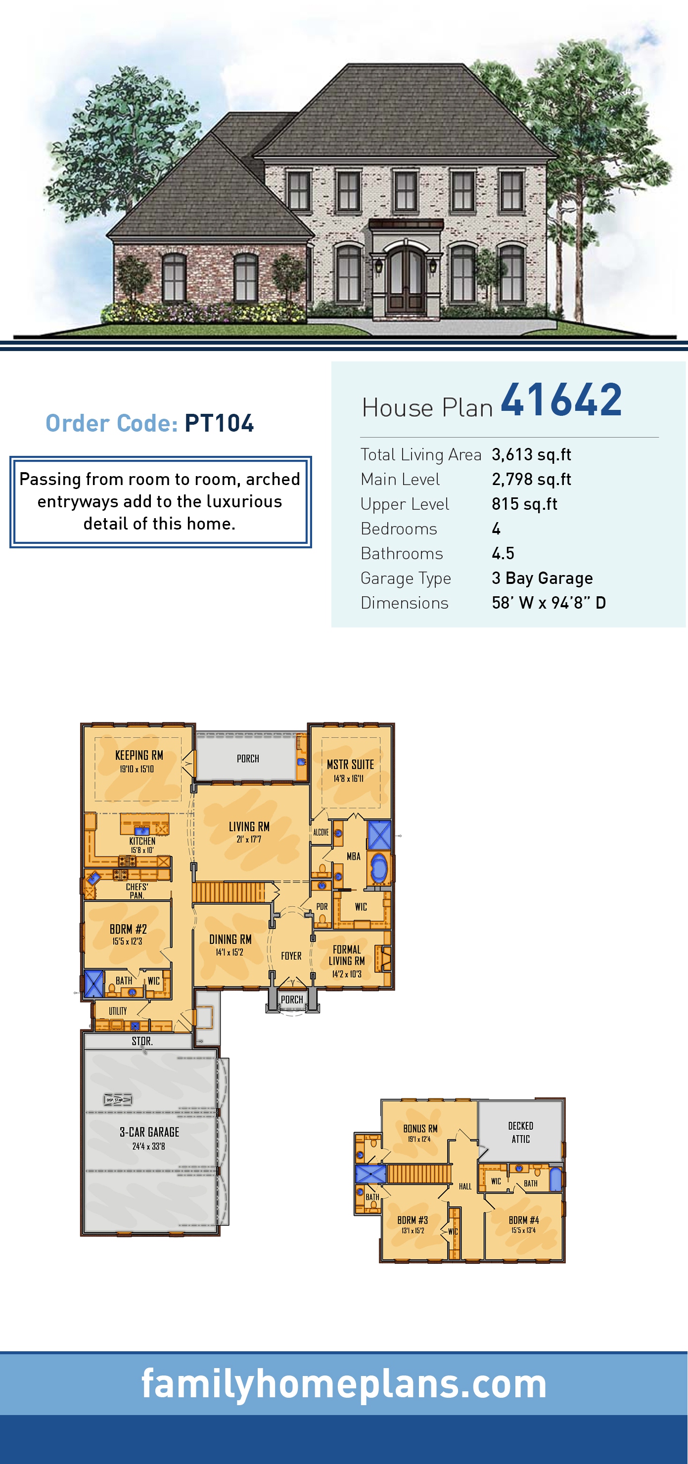 Plan 41642 | Colonial, European, Southern, Traditional House with 4 Bed ...