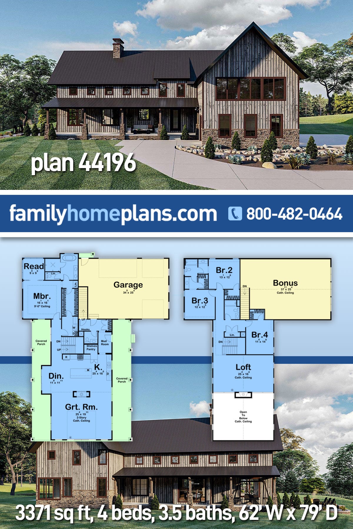Plan 44196 | Farmhouse Style with 4 Bed, 4 Bath, 3 Car Garage