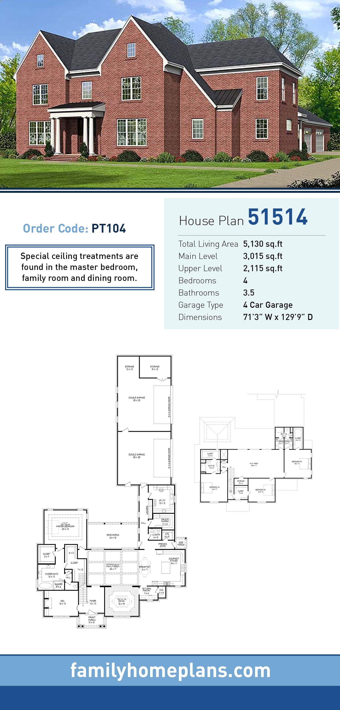 Plan 51514 | Traditional Style, 5130 Sq Ft, 4 Bed, 4 Bath, 4 Car