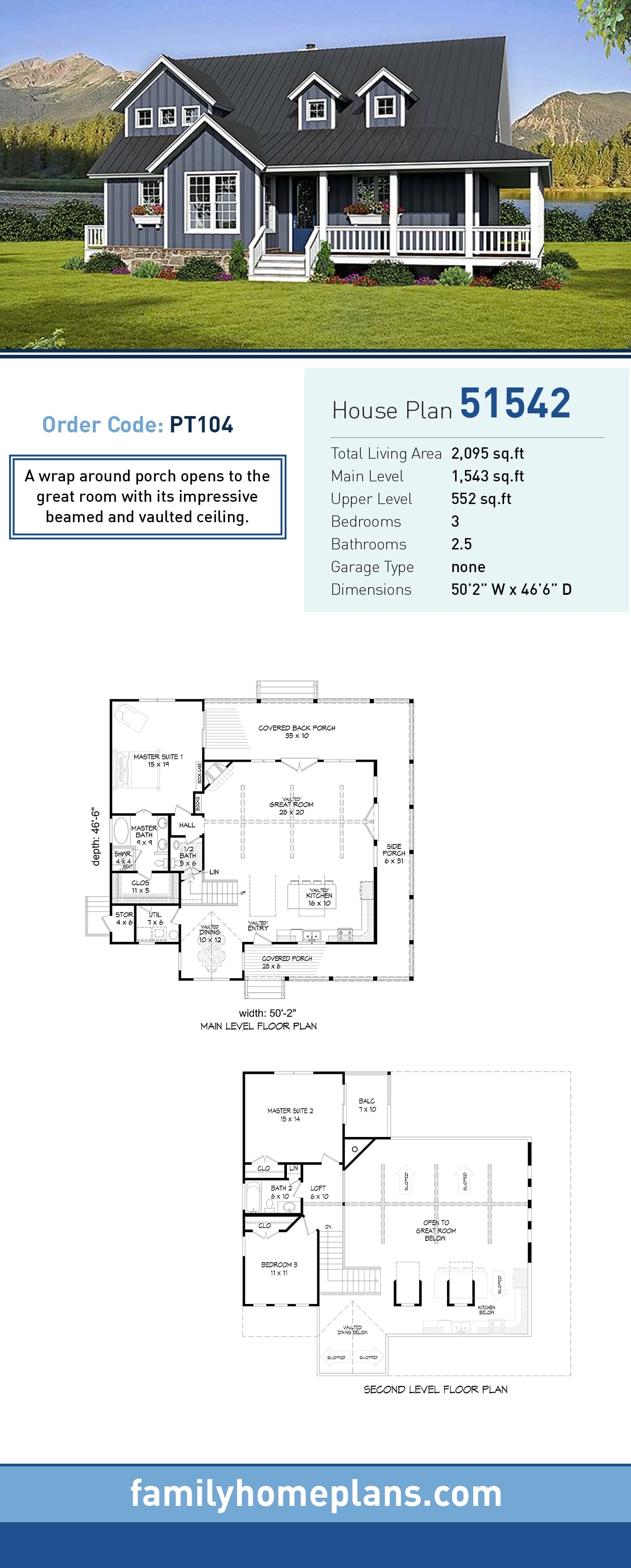 Plan 51542 | Cabin, Country, Southern, Traditional House with 3 Bed, 3 Bath