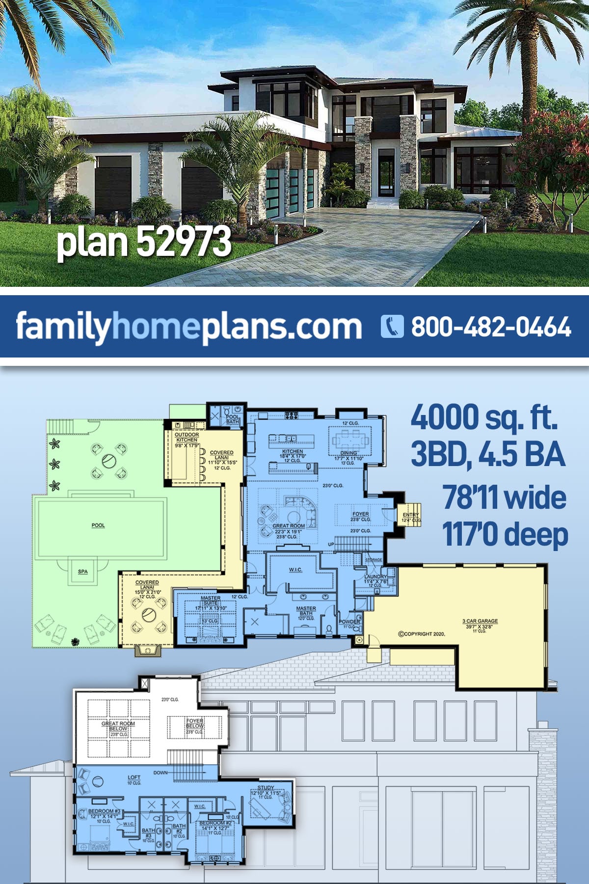 Plan 52973 | Contemporary House with 3 Bed, 5 Bath, 3 Car