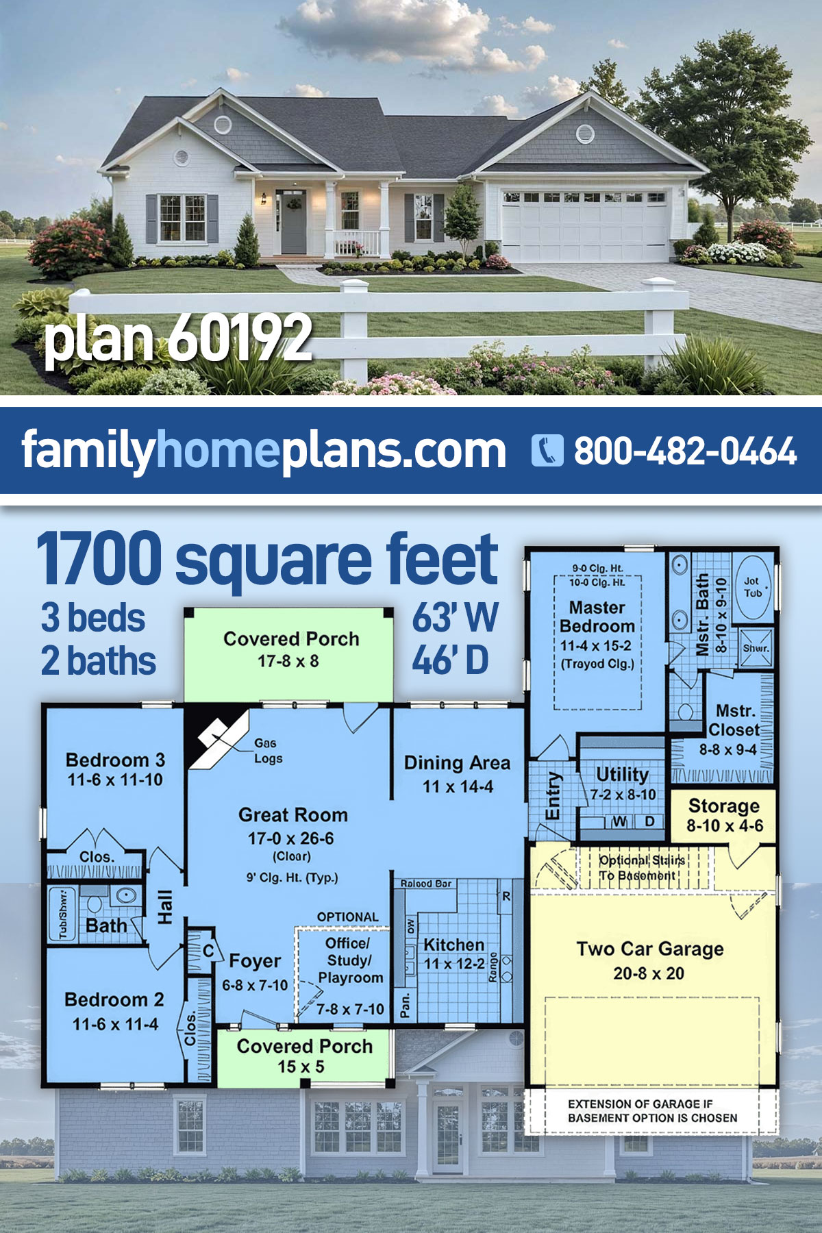 Plan 60192 | Craftsman, Ranch, Traditional House with 3 Bed, 2 Bath, 2 Car