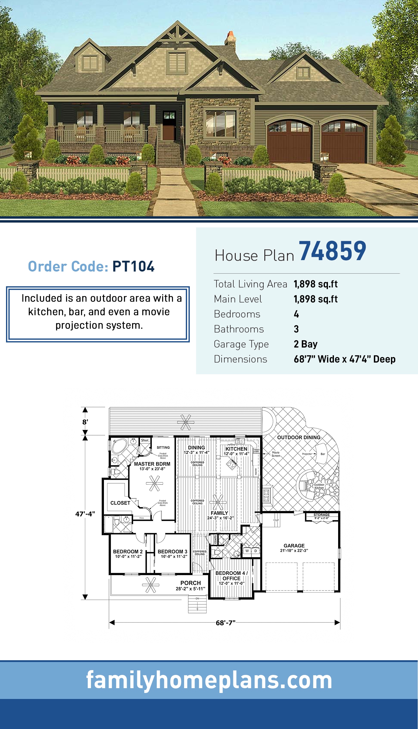 Plan 74859 | Cottage, Country, Craftsman, Ranch House with 4 Bed, 3 ...