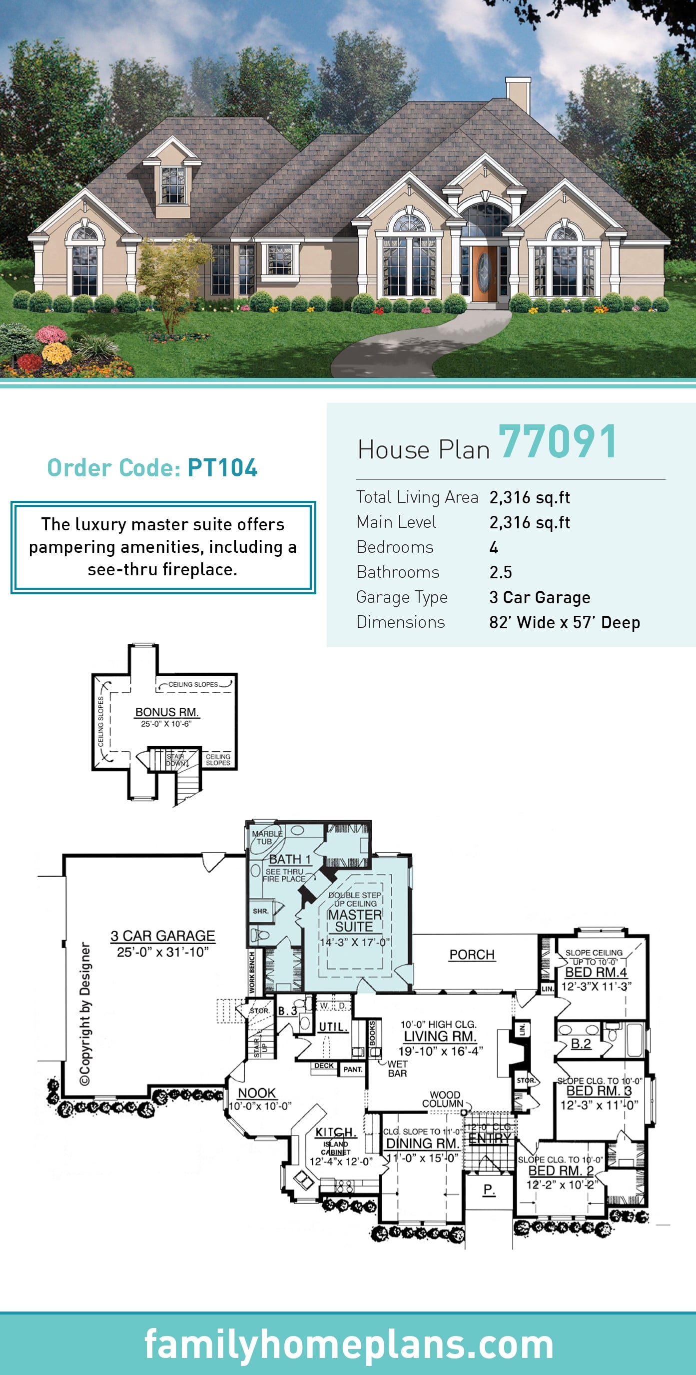 Plan 77091 | European House with 4 Bed, 2.5 Bath, 3 Car