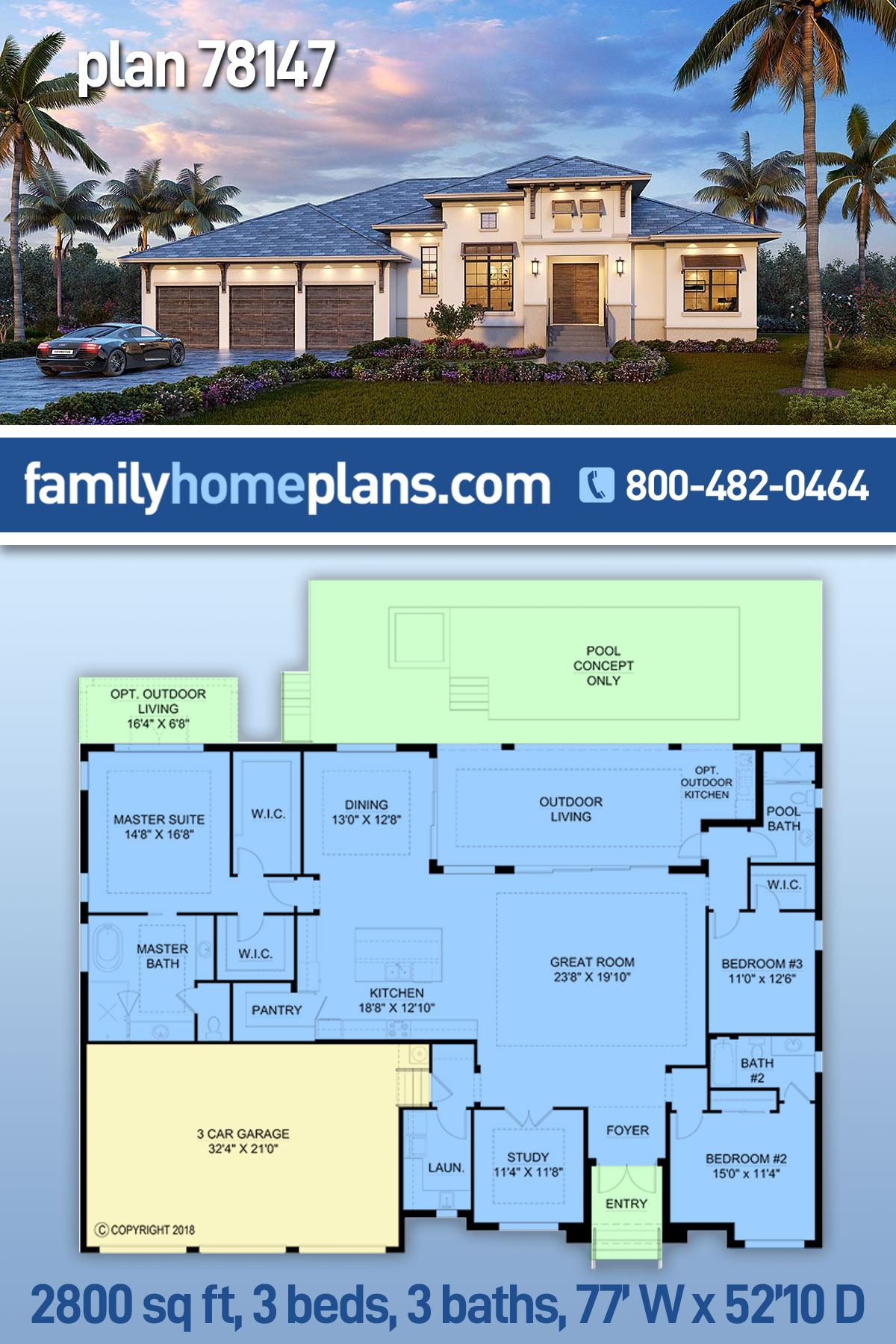 Plan 78147 | Coastal, Contemporary House with 3 Bed, 3 Bath, 3 Car