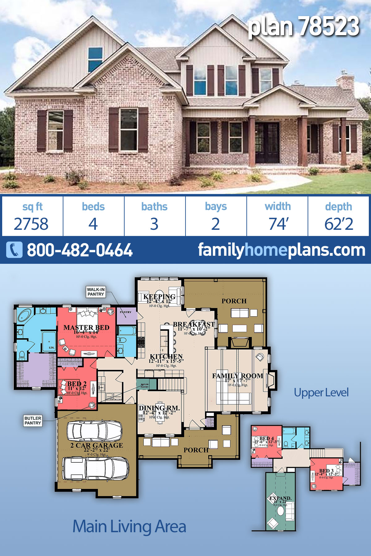 Plan 78523 | Traditional Style with 4 Bed, 3 Bath, 2 Car Garage