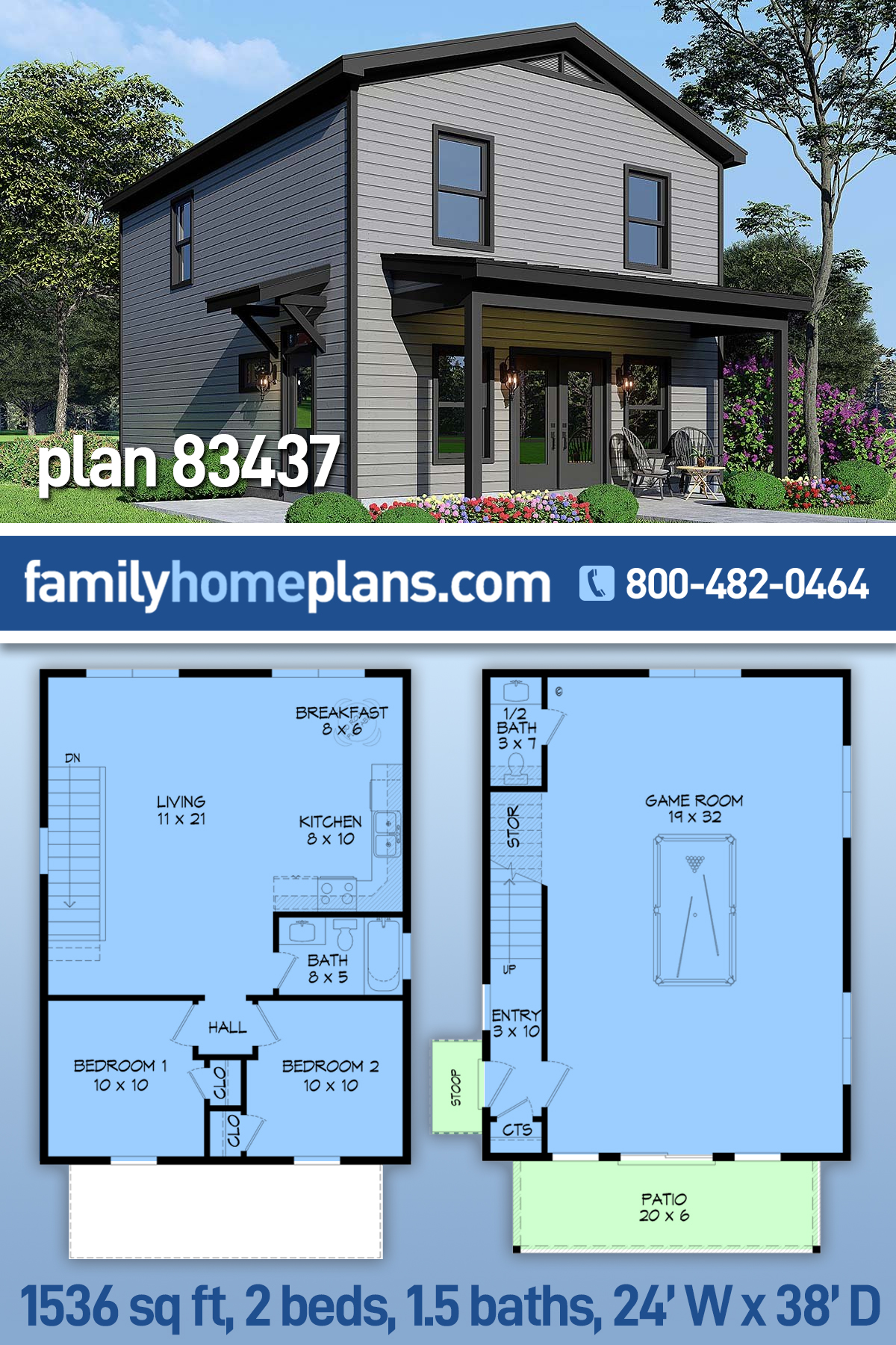Plan 83437 | Country House with 2 Bed, 2 Bath