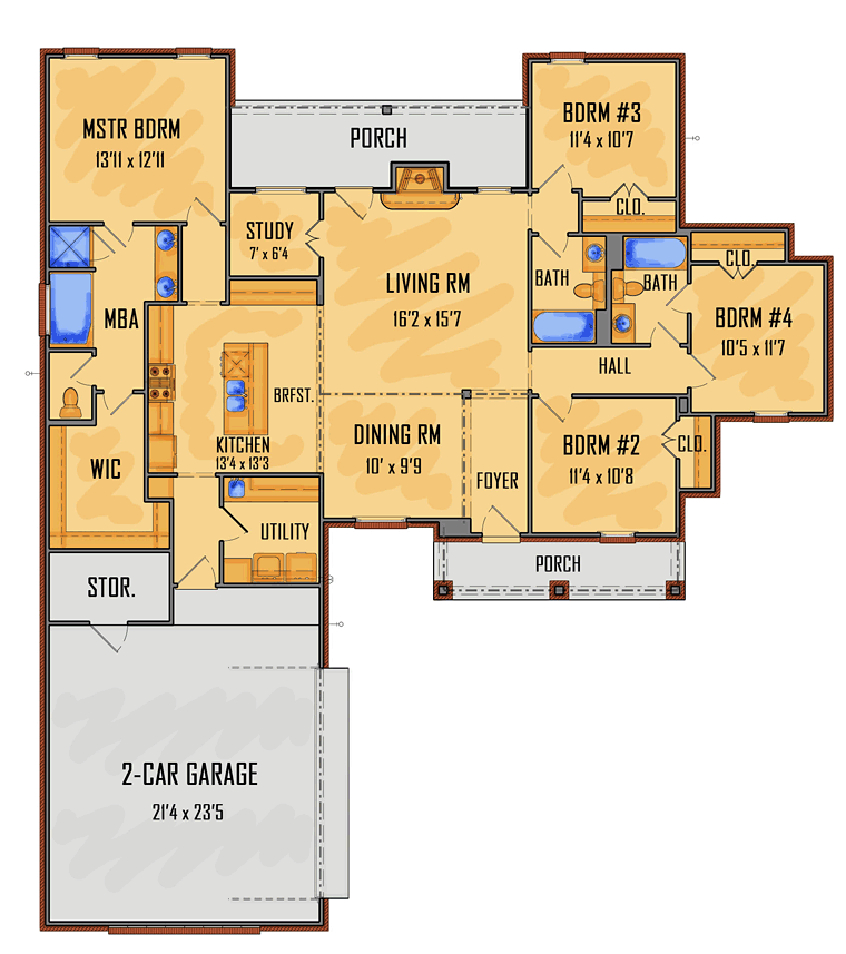 Plan 41631 | Country, European, Ranch, Southern House with 4 Bed, 3 ...