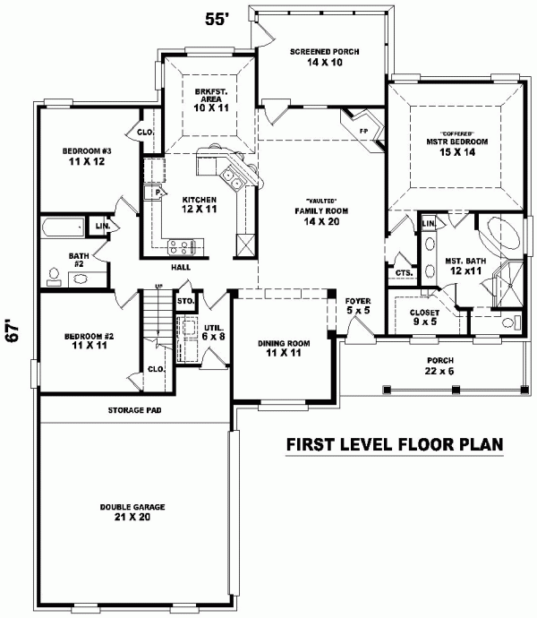 Plan 46645 | Traditional Style with 3 Bed, 2 Bath, 2 Car Garage