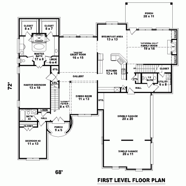 Plan 47294 | House with 5 Bed, 4 Bath, 3 Car
